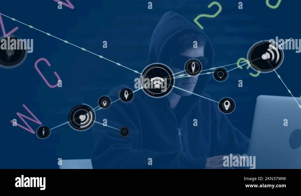Network of digital icons and changing alphabets and numbers against ...