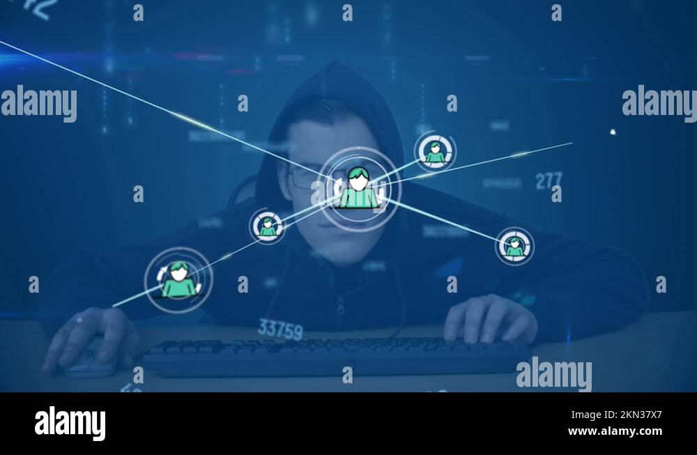 Network of profile icons and multiple changing numbers against male ...