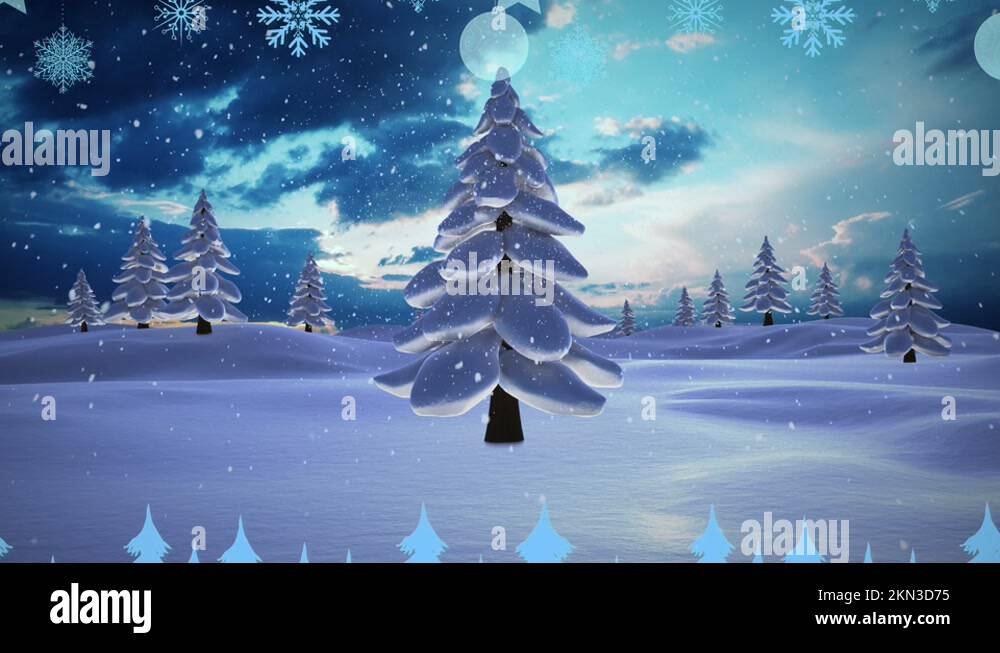Multiple chritmas tree icons against snow falling on multiple trees on ...