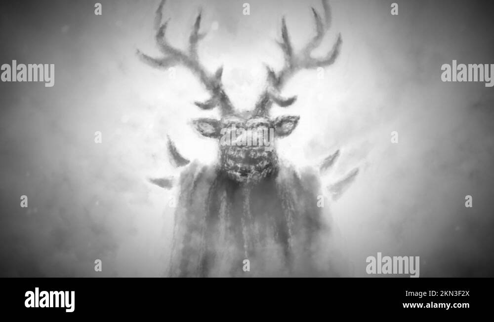 Scary deer demon with rays of light from his eyes. Spooky 2d animation ...