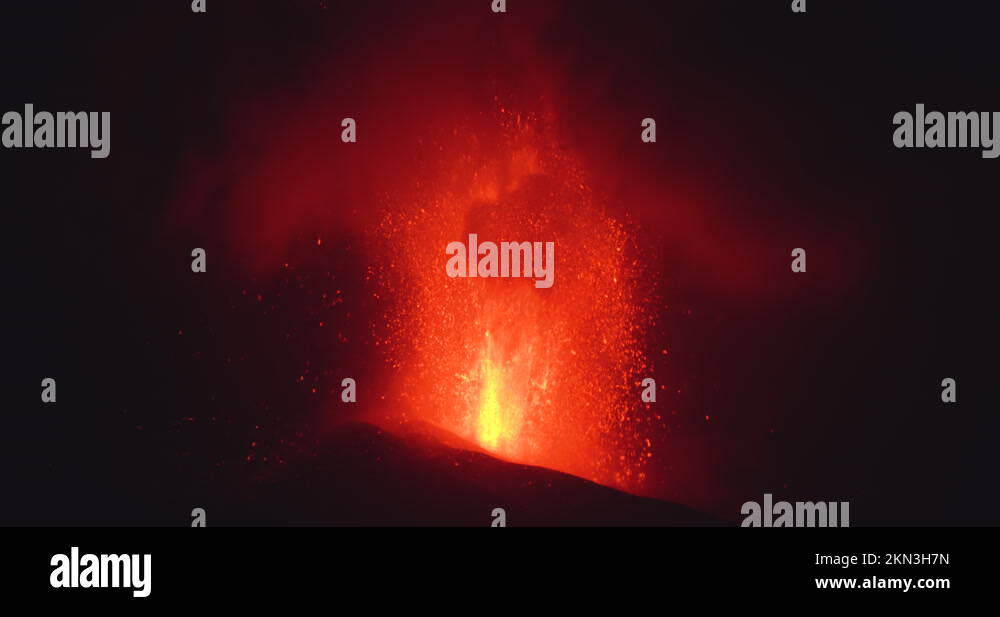 Close up night shoot of volcano lava eruption in La Palma 2021. Cumbre ...