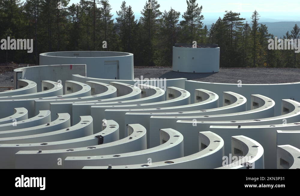 wind power plant construction site concrete elements base leg tilt up ...
