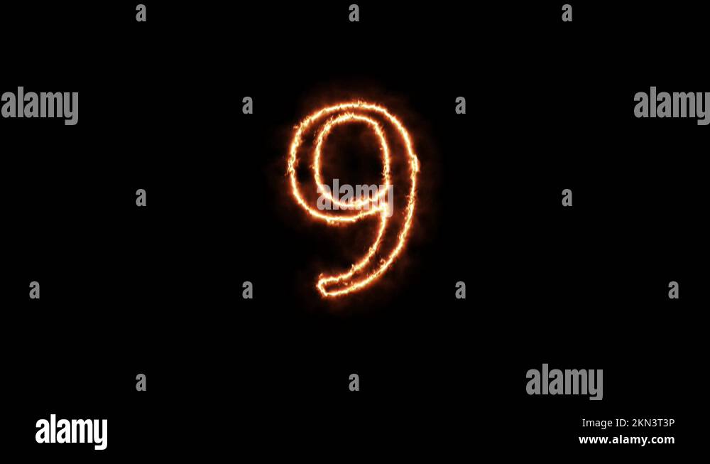 Number 9 fire. Animation on a black background letter 4K video is ...
