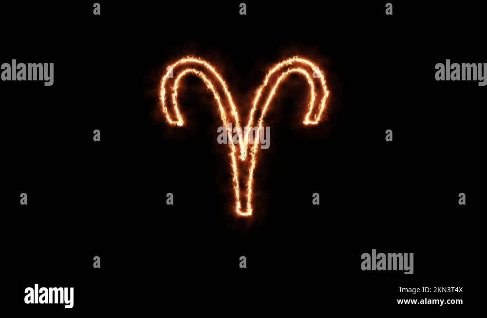 Zodiac signs Aries on fire. Animation on a black background letters 4K ...
