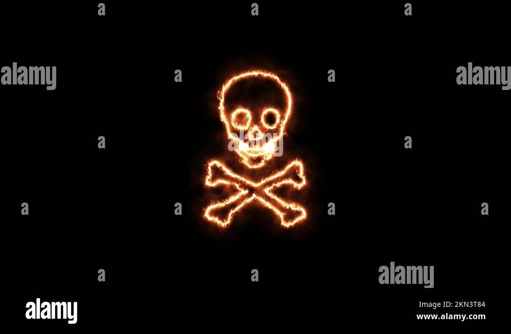 Animated skull and bones sign on fire. Animation on a black background ...