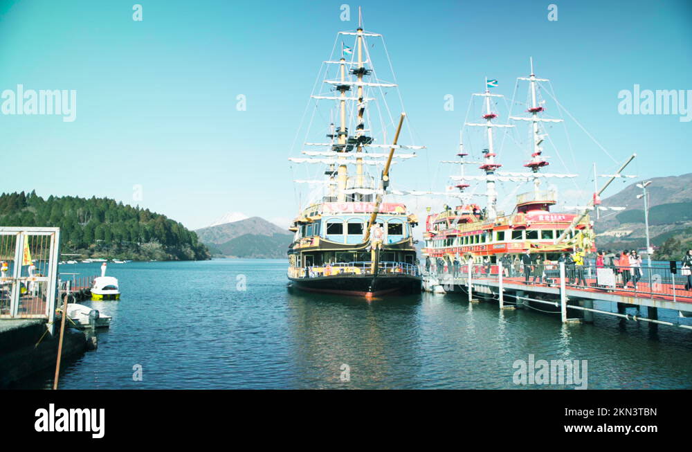 Hakone pirate ship and Mt. Fuji by Lake Ashinoko Stock Video Footage ...