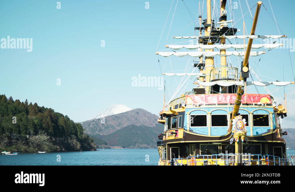 Hakone pirate ship and Mt. Fuji by Lake Ashinoko Stock Video Footage ...