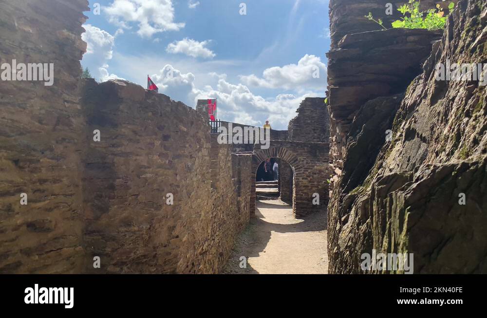 Medieval european castle tourist attraction. Inside stone walls and ...