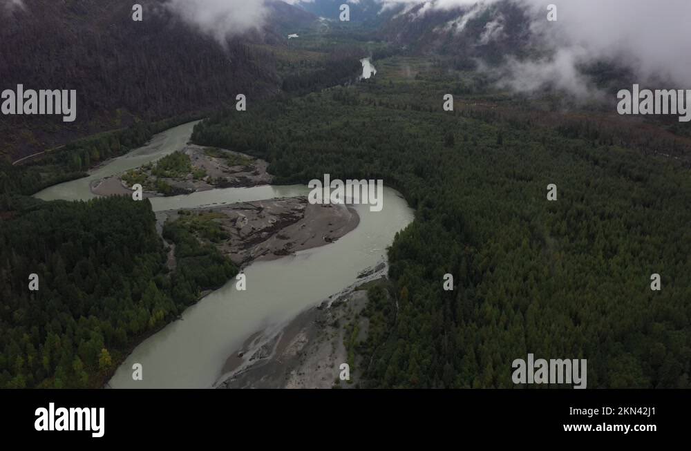 Cinematic aerial view of the Elaho River in Squamish BC, Canada Stock ...