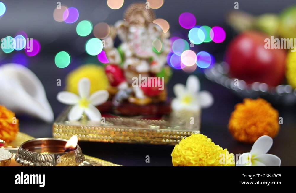 Brass Diya Or Deep Lit And Statue Of Hindu God Lord Ganesha Ganpati ...