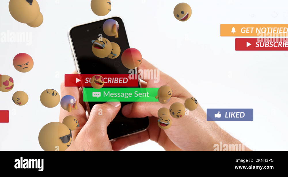 Animation of falling social media icons and emojis over person using ...