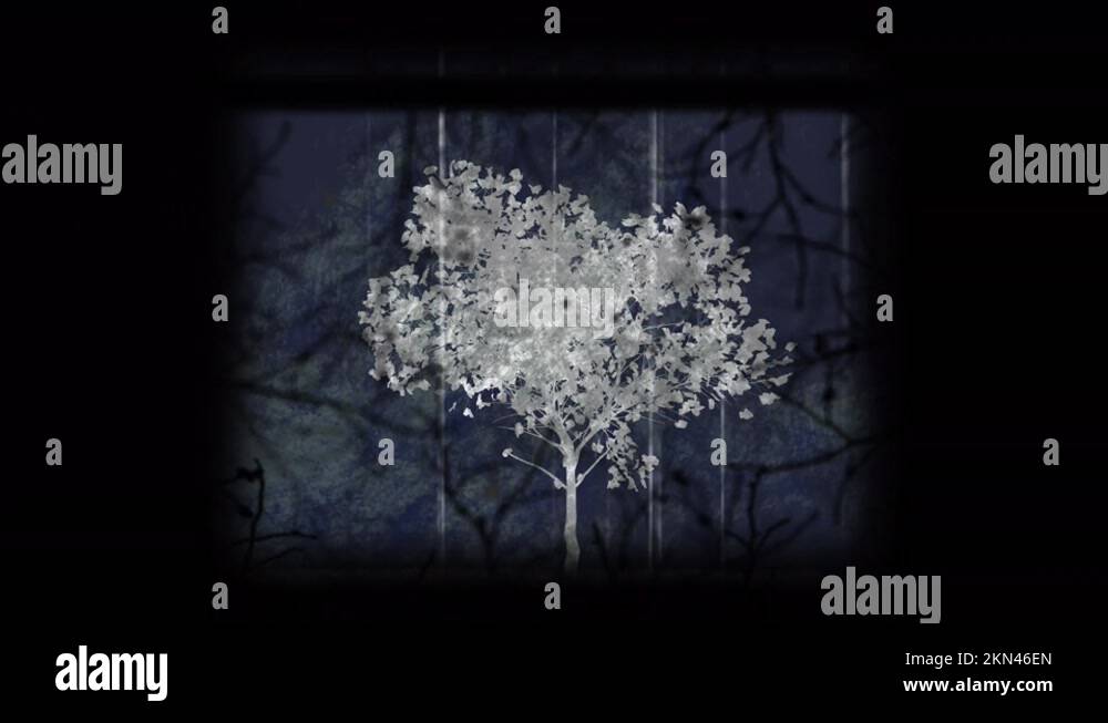 Digital animation of vhs glitch effect against creepy trees on black ...