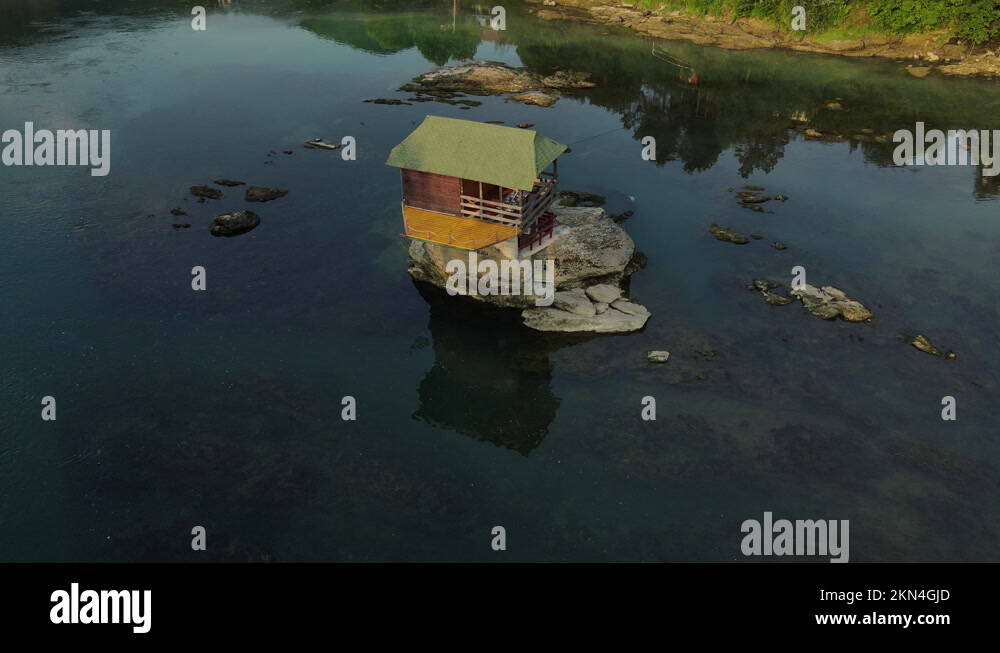House On Rock At Drina River Bajina Basta Serbia Drone Aerial View Of Stock Video Footage Alamy