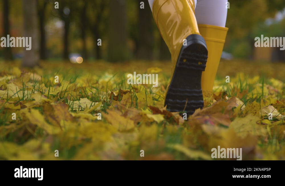 LOW ANGLE: Unrecognizable woman walks in rubber boots around a fall ...