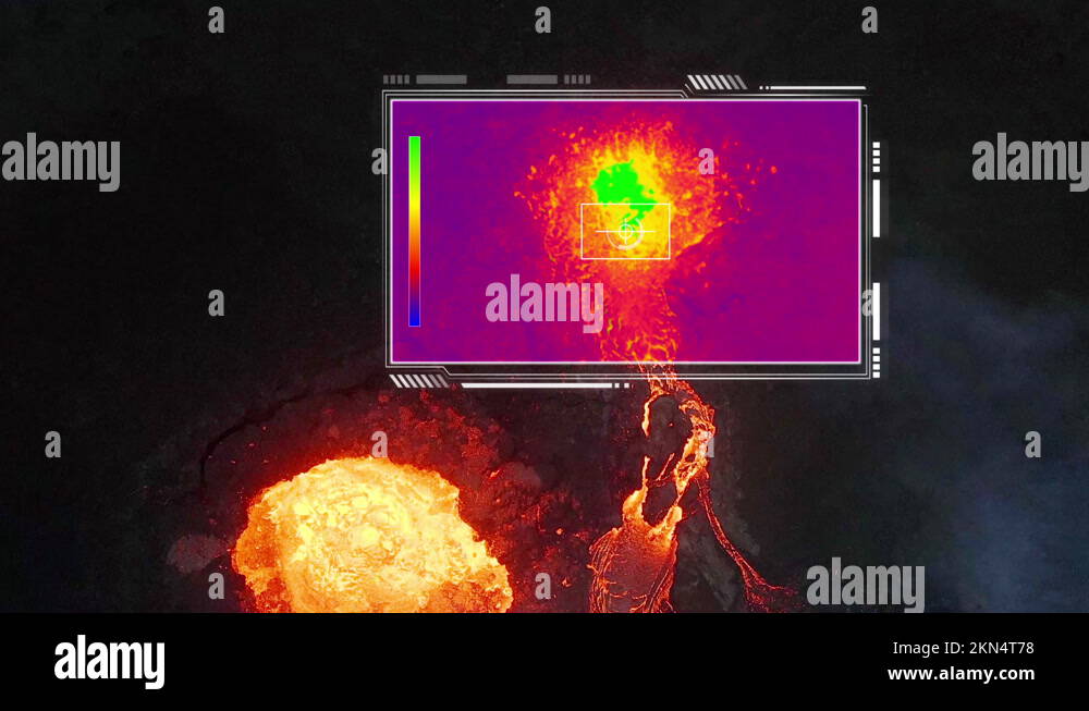 Thermal camera analyzing temperature of magma at a volcanic crater - 3d ...