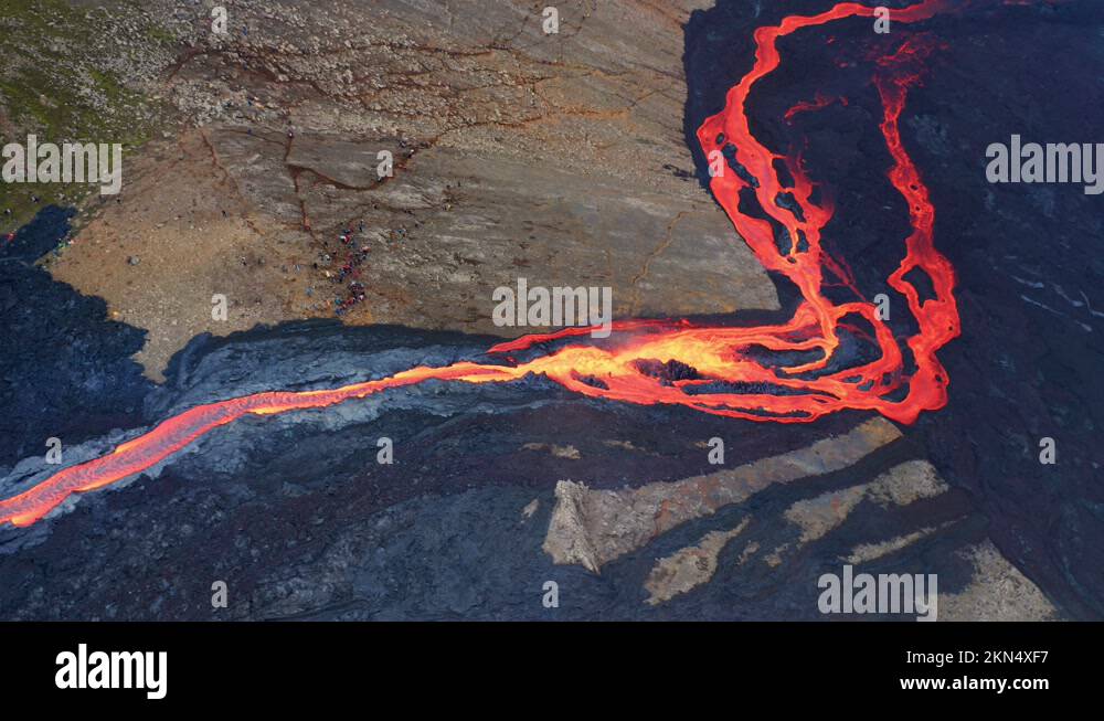 River Of Lava Flowing Down During Volcano Eruption, Fagradalsfjall ...
