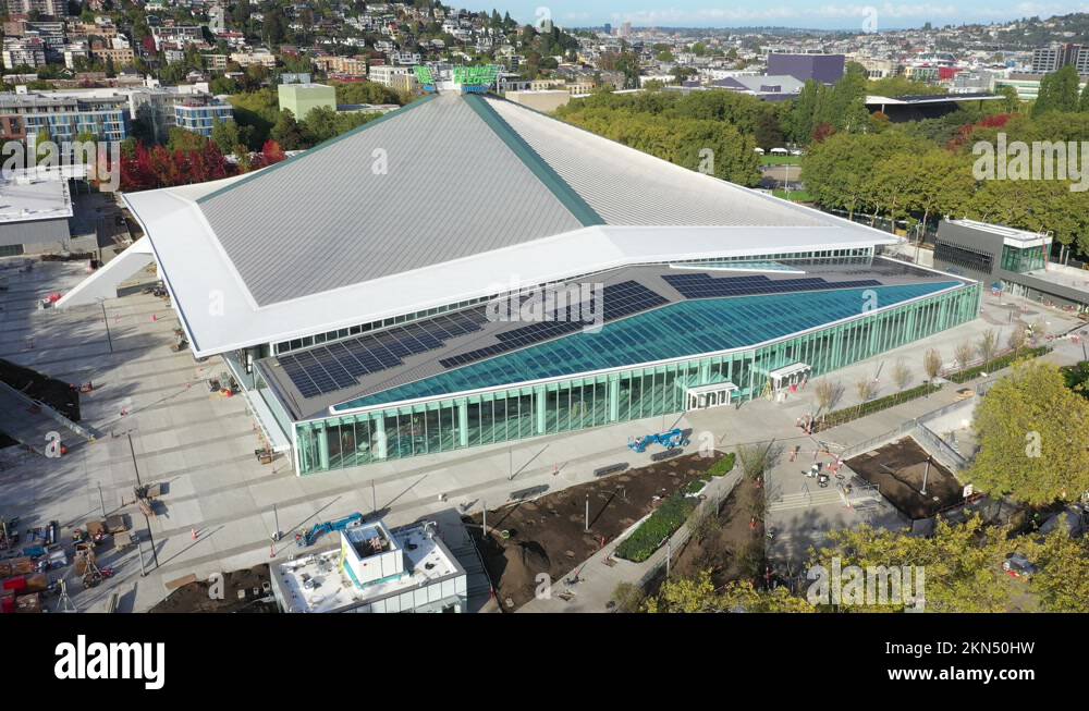 Cinematic aerial 4K orbiting drone shot of the new Climate Pledge Arena ...