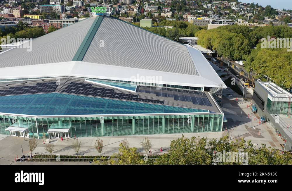Cinematic aerial 4K trucking drone shot of the new Climate Pledge Arena ...