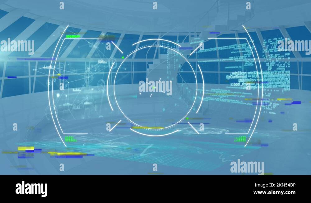 Animation of radar and diverse data processing in office background ...