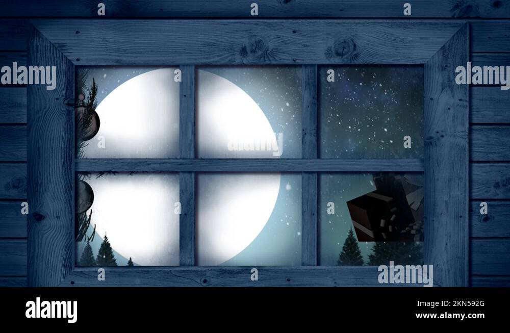 Wooden window frame against santa claus in sleigh being pulled by ...