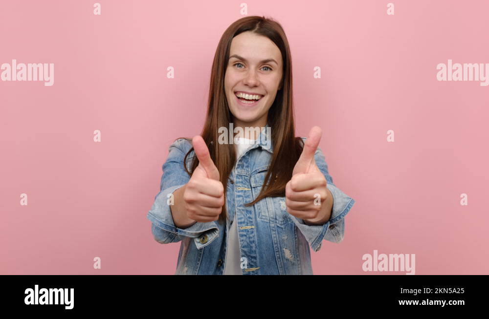 Woman point index finger camera on you motivating show thumb up like ...