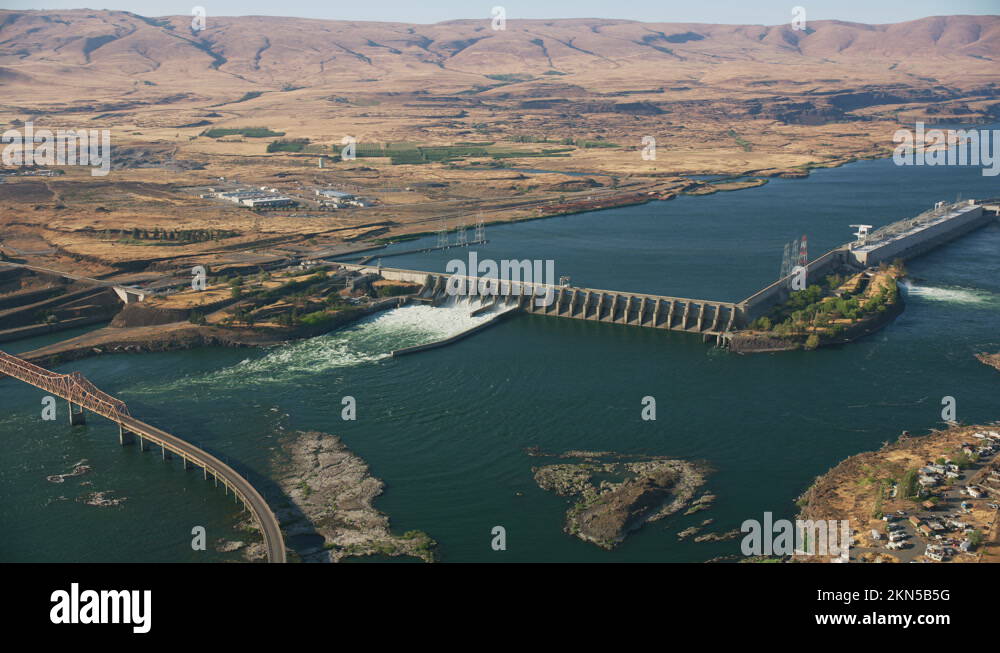 Oregon circa-2021: Aerial view of The Dalles Dam in the Columbia River ...