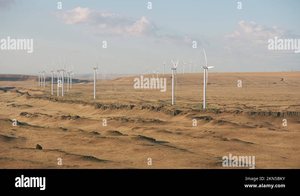 Oregon circa-2021: Aerial view of wind turbines in the Columbia River ...