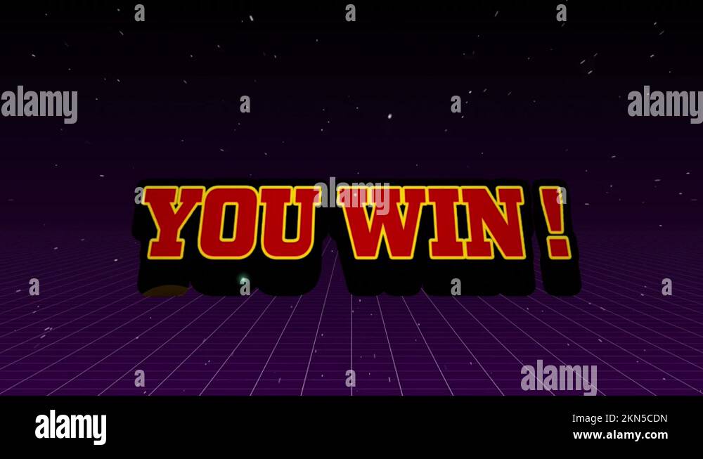 Animation of you win text in red letters over grid on purple background ...