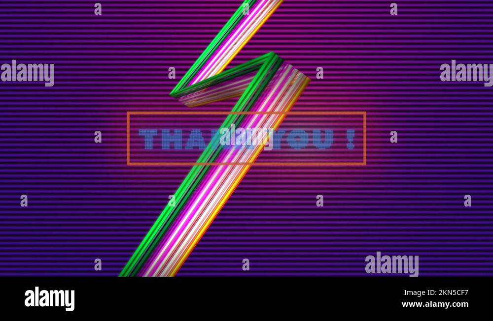 Animation of thank you text in blue letters in red frame over neon ...
