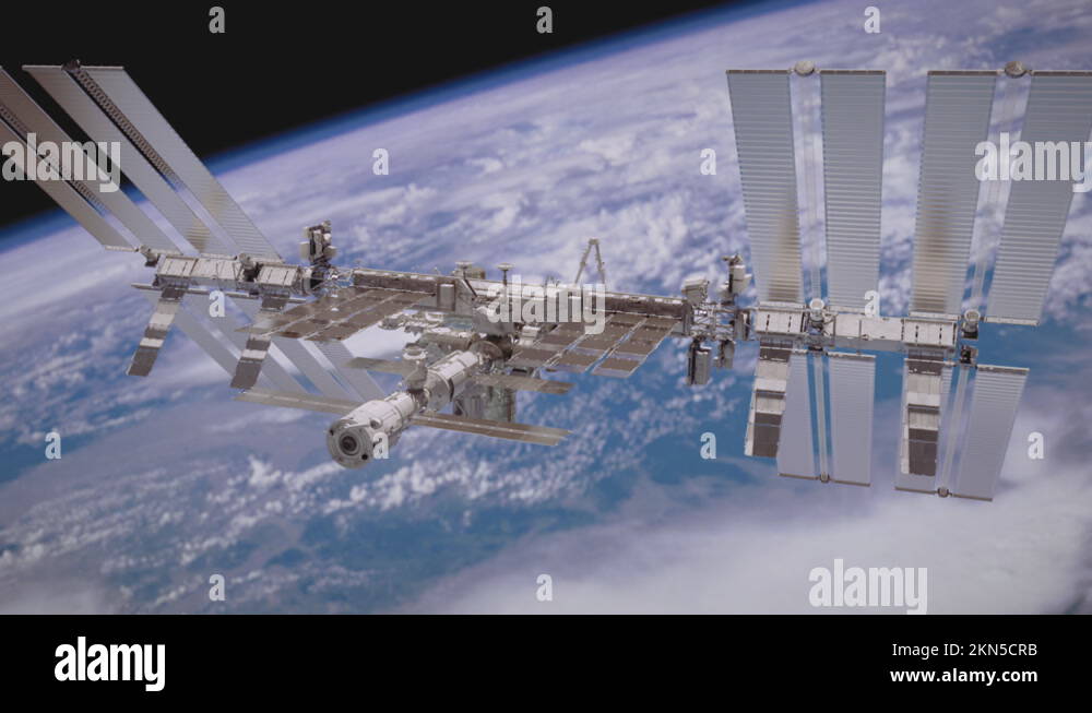 International Space Station ISS flying over earth atmosphere Stock ...