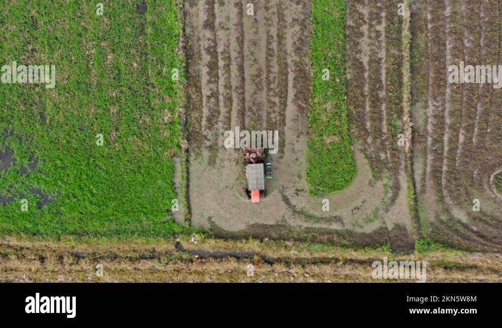 Top Down View Of Tractor Working In Rice Farm In Nagua, Dominican ...