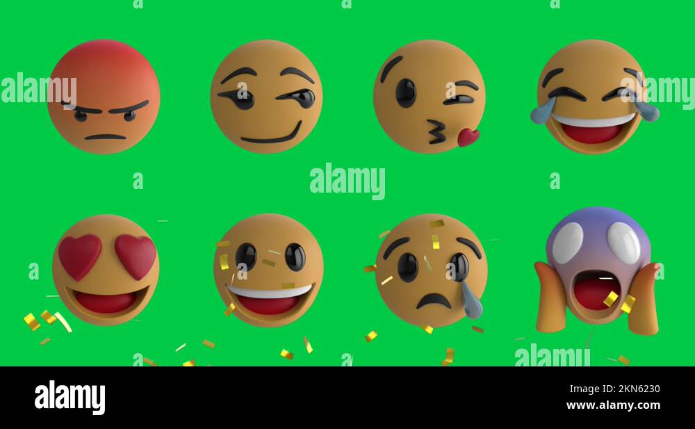 Animation of confetti falling over rows of emoji emoticon icons over ...