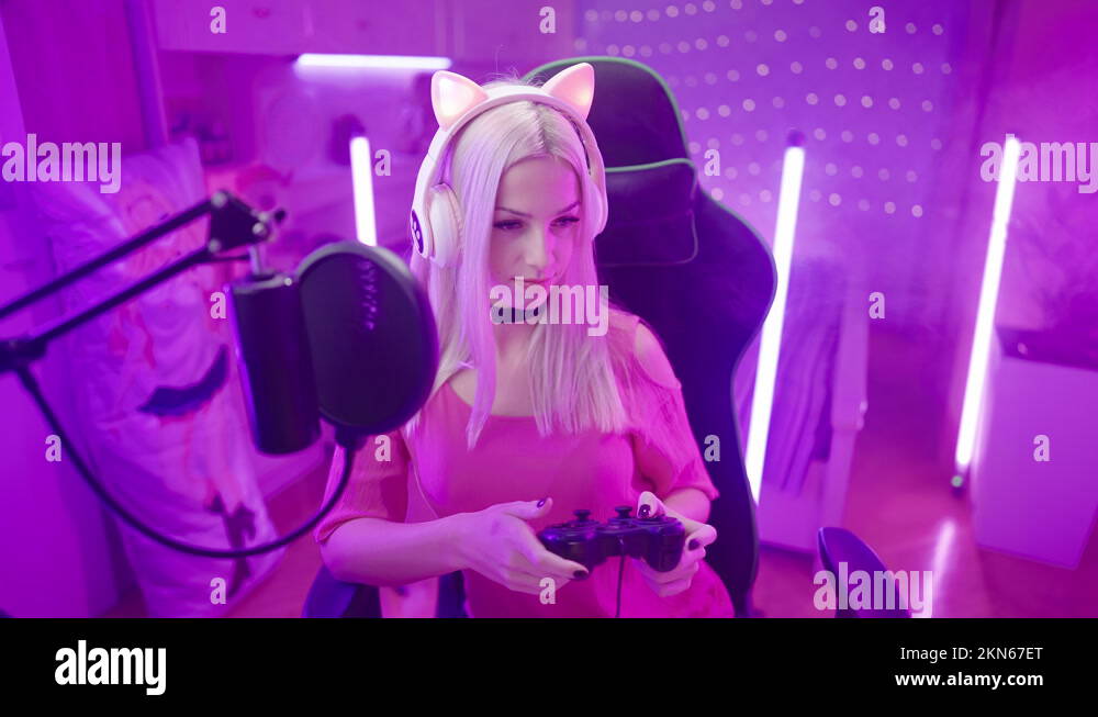 Blonde Gamer Girl streamer wearing cat ears headphones playing on ...