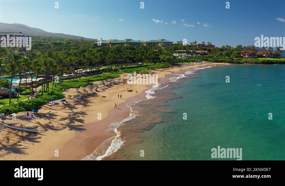 Low aerial flyover of Wailea Beach in Maui Hawaii. Part 1 or 3 Stock ...