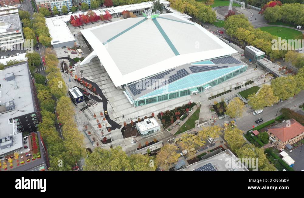 Cinematic aerial 4K orbiting drone shot of the new Climate Pledge Arena ...