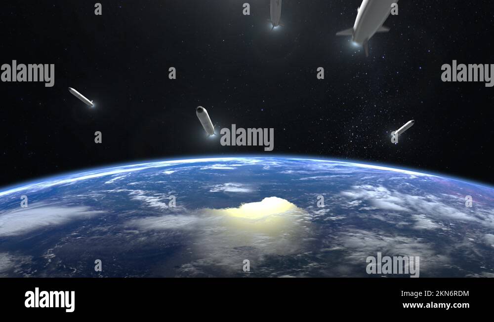 Group of nuclear hypersonic missiles takes off over the Earth. View ...