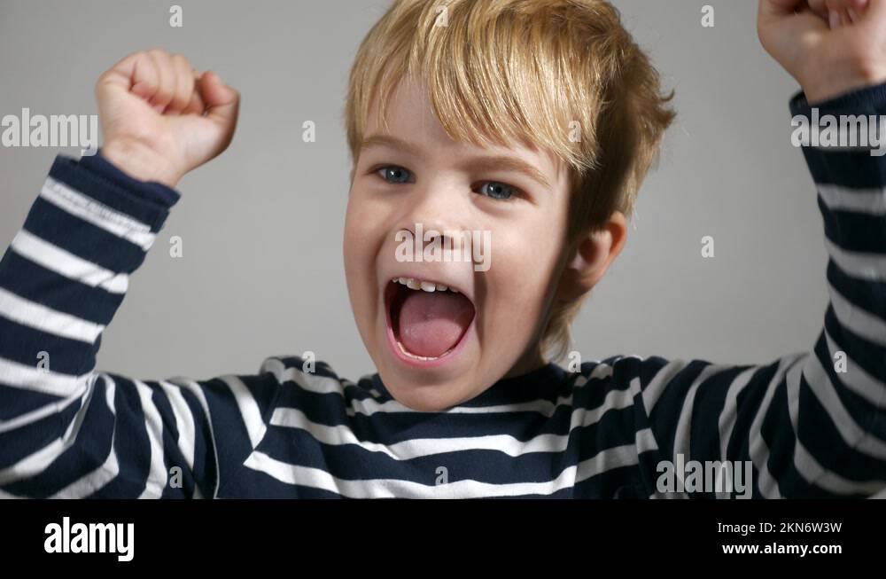 Cheer Up Hands Gesture. Happy Child Face Emotions. Portrait Cute Little ...