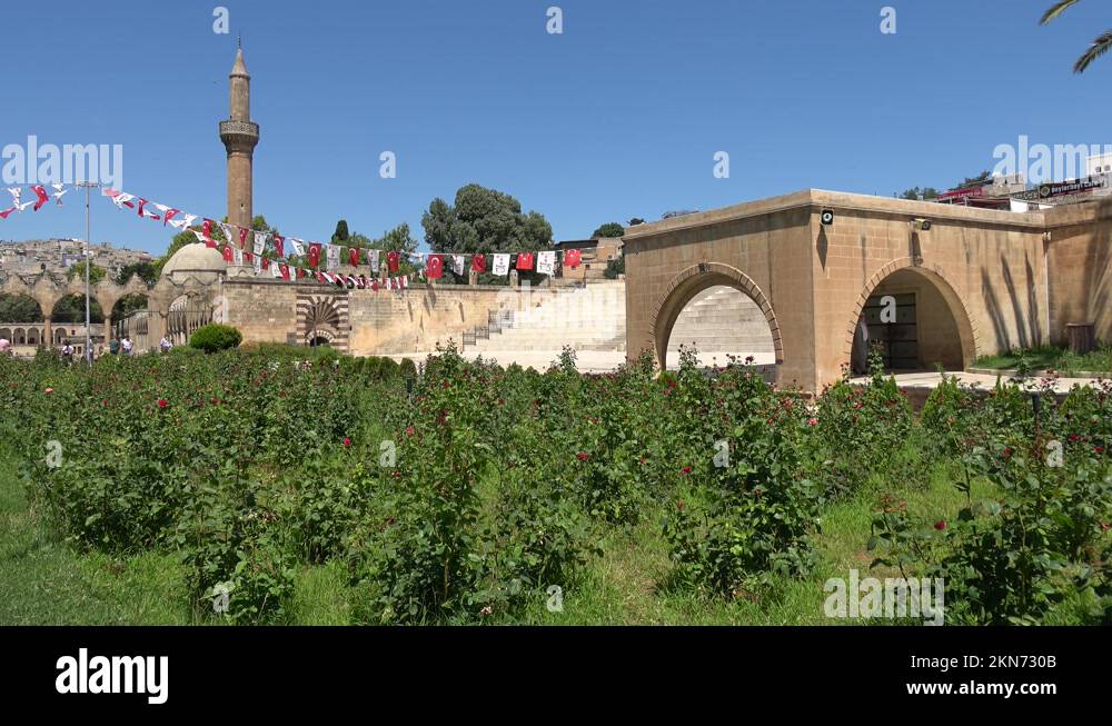 Central Urfa city with beautiful green park and ancient mosque Stock ...
