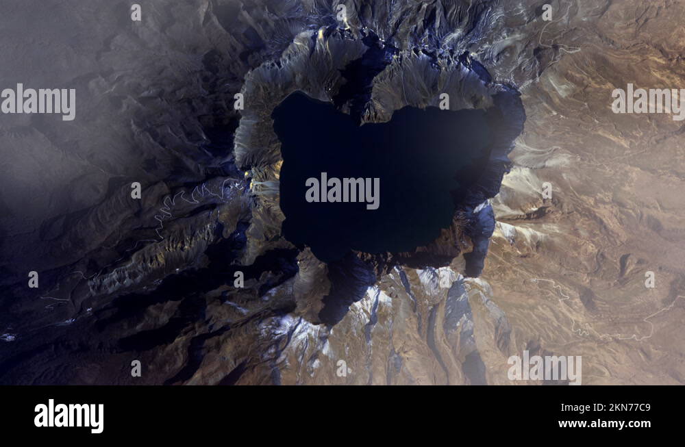 Scenic sunrise animation on volcanic mountain lake aerial satellite ...