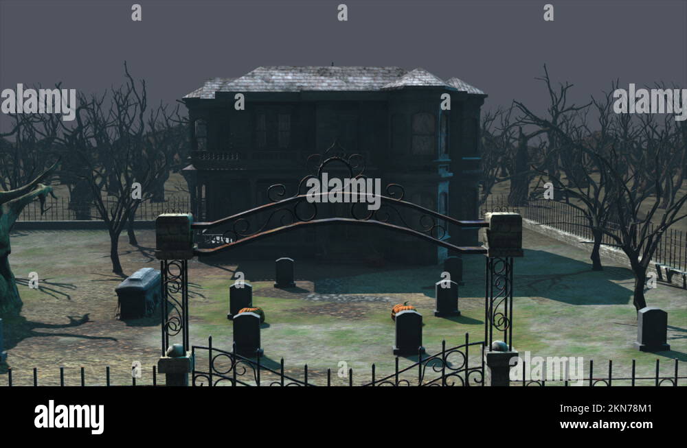 4k Haunted Mansion - Night time - 24fps - jib up main front gate Stock ...