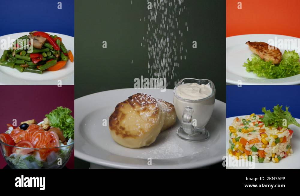 ready-made food in rotating plates on colored backgrounds. collage ...