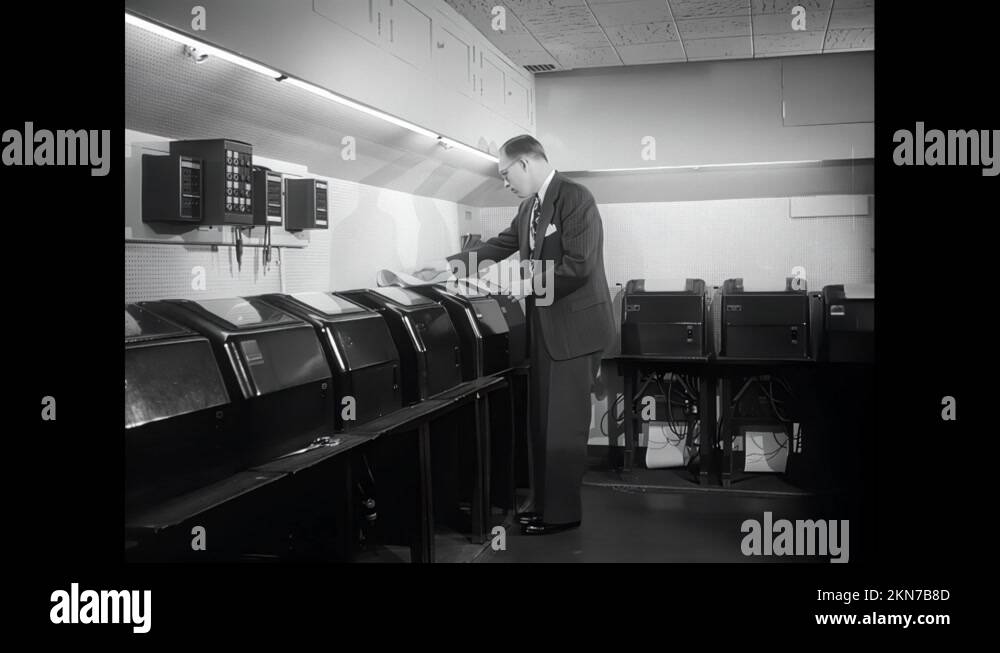 1940s: Door reads "NEWS AND SPECIAL EVENTS." Man checks teletype ...