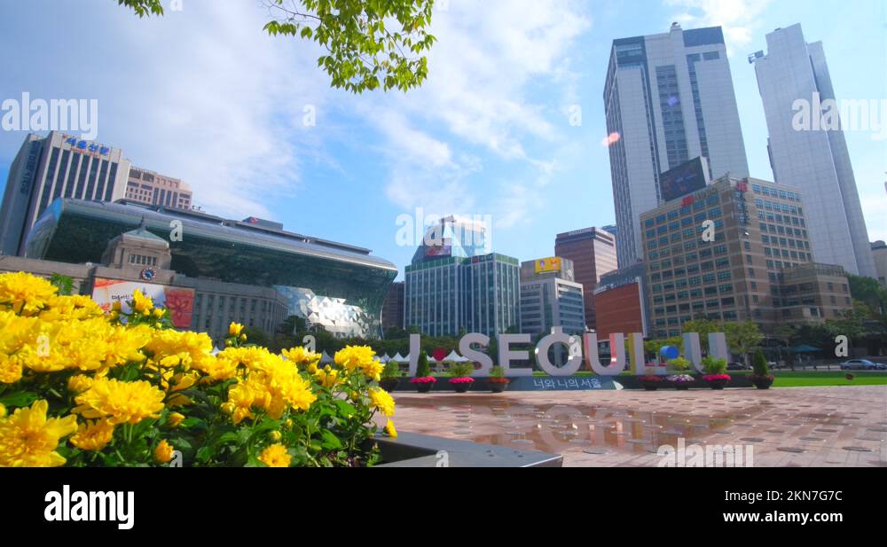 I.SEOUL.U Sign Sculptures At Seoul Plaza With High-rise Buildings In ...