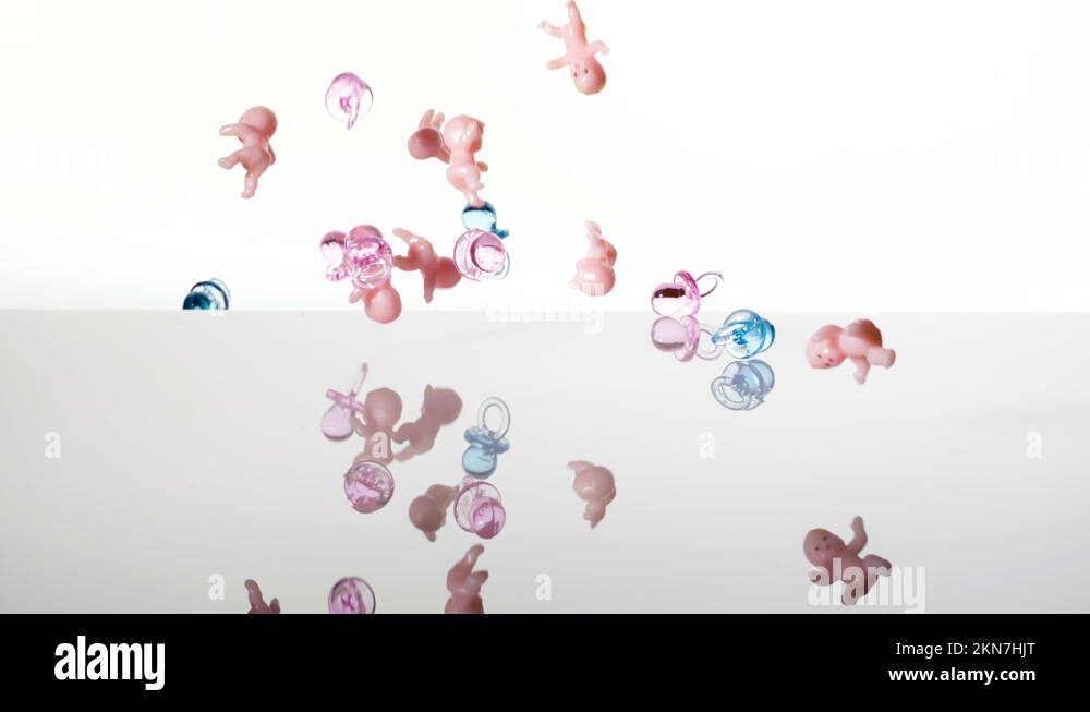Falling babies and dummies pouring, white background. Baby shower and ...