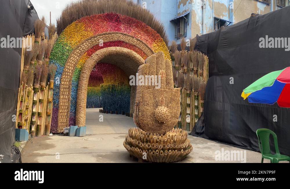 Well decorated outside look of a Durga puja pandal(temporary temple ...