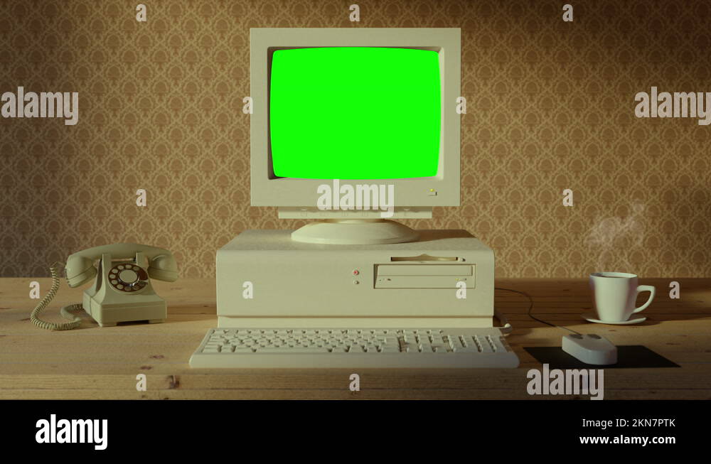 Vintage Old computer turn ON and OFF with glitch Green Screen obsolete ...