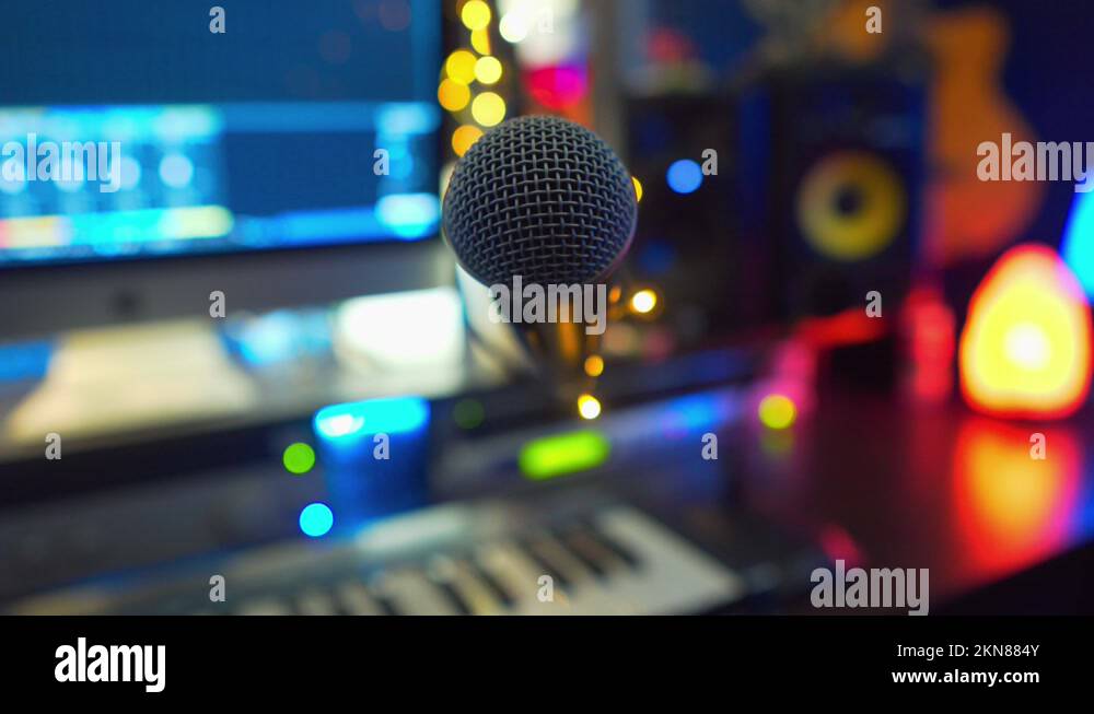 Microphone on the radio for recording podcasts, with different lights ...
