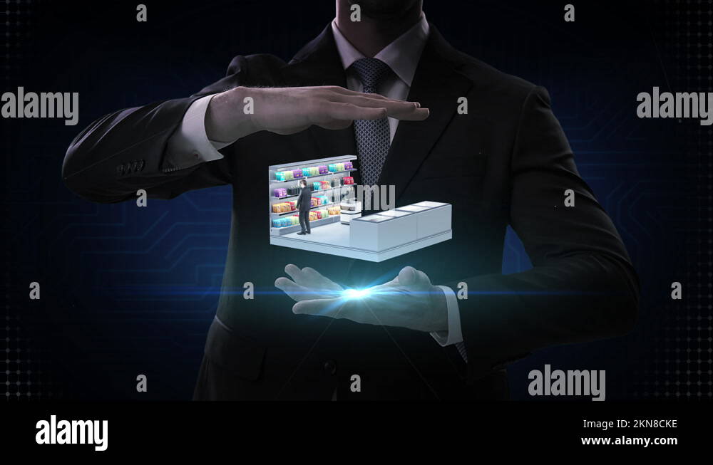 Man spreads hands up down, unmanned convenience store. AI robot carries ...