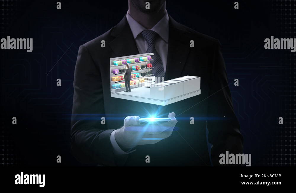 Man slide touch smartphone, unmanned convenience store. AI robot pay ...