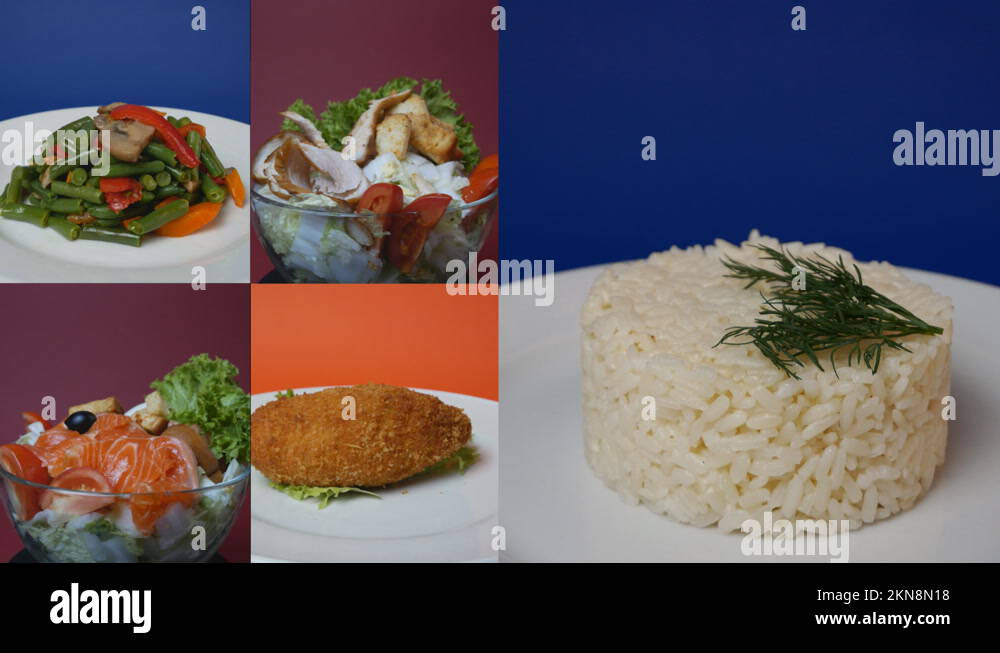 ready-made food in rotating plates on colored backgrounds. collage ...